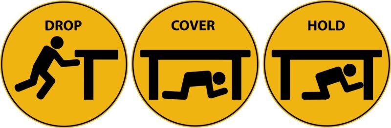 Drop, cover, hold sign. Earthquake vector icon. — Optimum Seismic